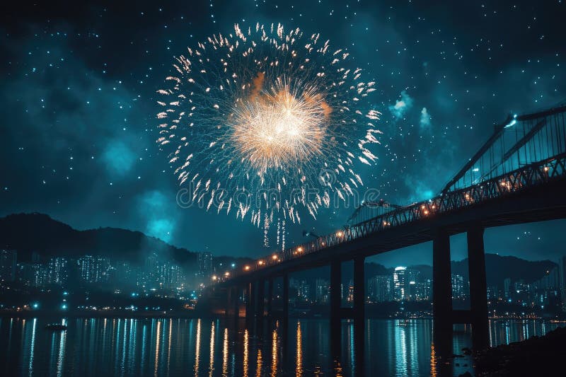 Fireworks Exploding Over Bridge at Night Illuminating Cityscape Stock ...