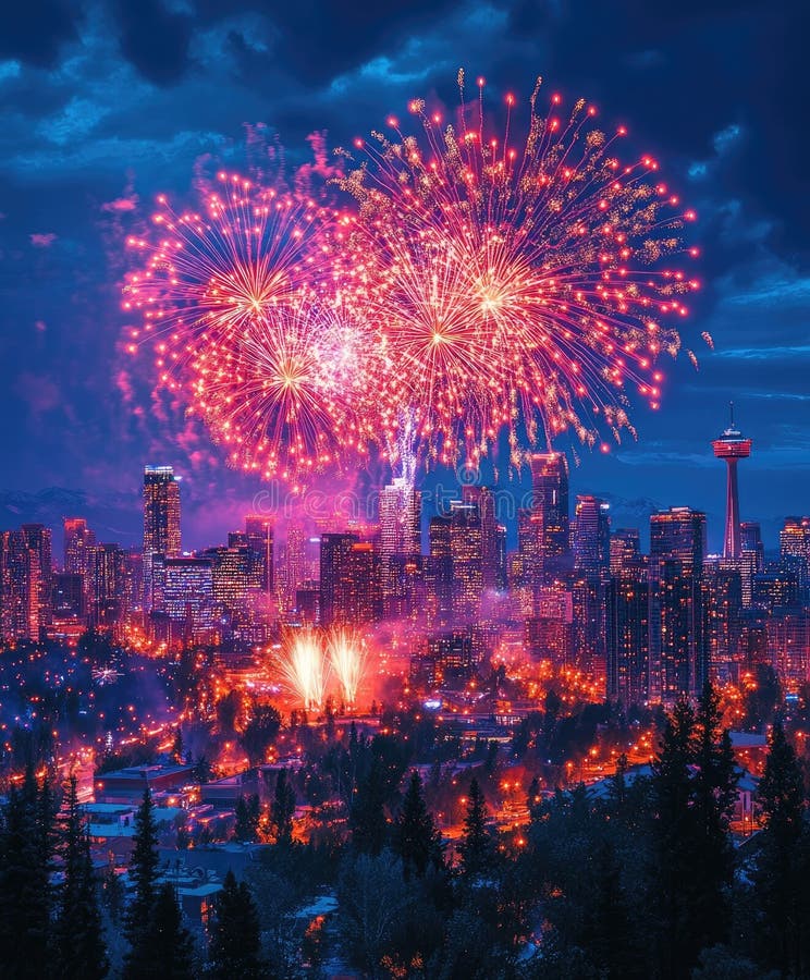 Fireworks Exploding Over Calgary Skyline during Festival Celebration at ...