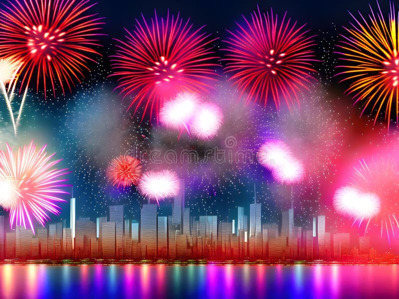 Fireworks Exploding Over City Skyline, Generative AI Illustration Stock ...