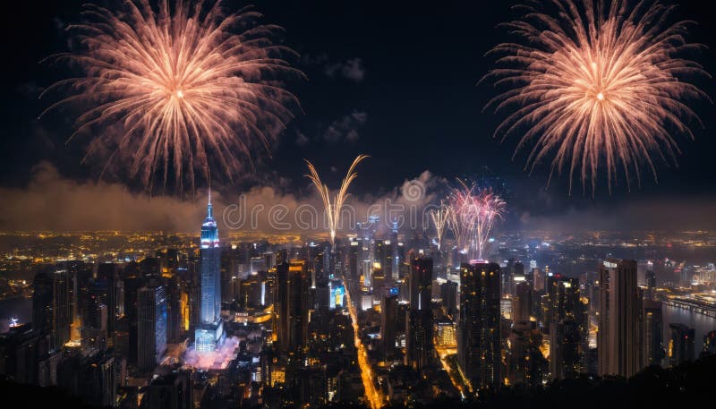 Fireworks Exploding Over City Skyline at Night. Stock Illustration ...
