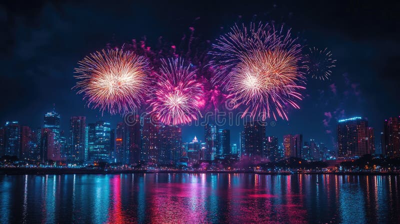 Fireworks Exploding Over a City Skyline at Night Stock Illustration ...