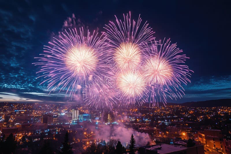 Fireworks Exploding Over a City Skyline at Night Stock Illustration ...