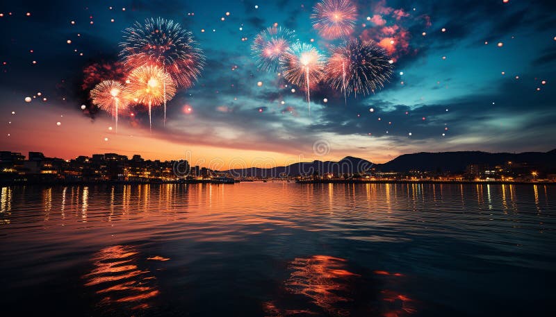 Fireworks Exploding Over the Cityscape at Dusk, Illuminating the Night ...