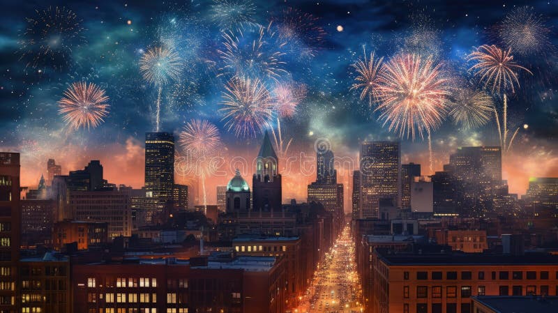 Fireworks Exploding Over Downtown Cityscape. Generative AI Stock ... Fireworks Exploding Over Downtown Cityscape. Generative AI Stock ...