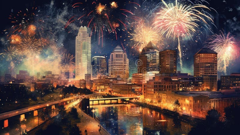 Fireworks Exploding Over Downtown Cityscape. Generative AI Stock ... Fireworks Exploding Over Downtown Cityscape. Generative AI Stock ...