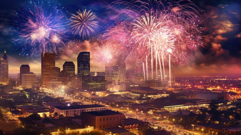 Fireworks Exploding Over Downtown Cityscape. Generative AI Stock ... Fireworks Exploding Over Downtown Cityscape. Generative AI Stock ...