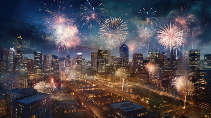 Fireworks Exploding Over Downtown Cityscape. Generative AI Stock ... Fireworks Exploding Over Downtown Cityscape. Generative AI Stock ...