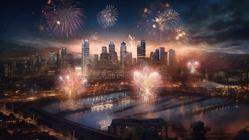 Fireworks Exploding Over Downtown Cityscape. Generative AI Stock ... Fireworks Exploding Over Downtown Cityscape. Generative AI Stock ...