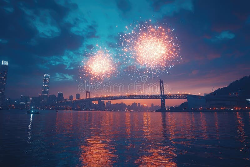 Fireworks Exploding Over Illuminated Bridge at Twilight Stock ...