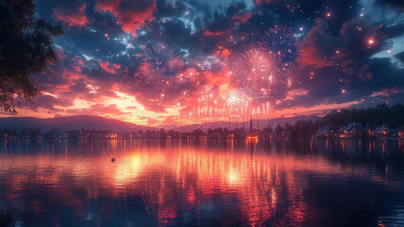 Fireworks Exploding Over a Lake at Sunset with Reflections Stock ...