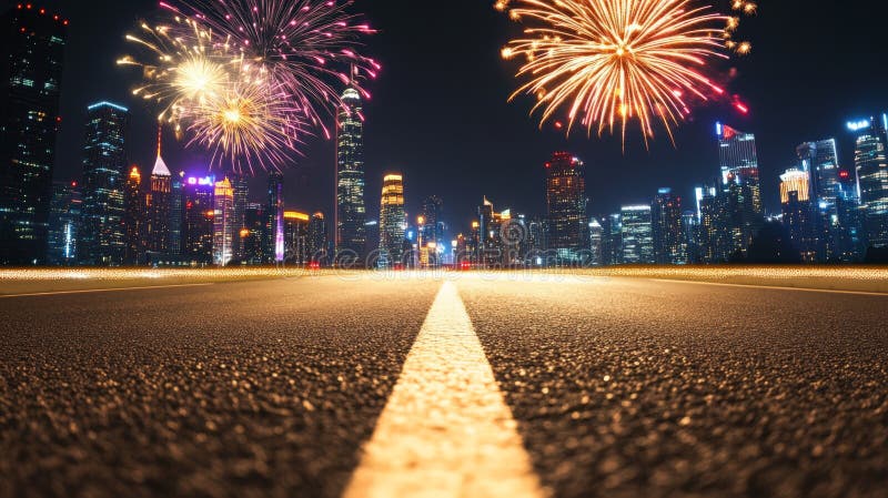 Fireworks Exploding Over Modern City Skyline at Night with Empty ...