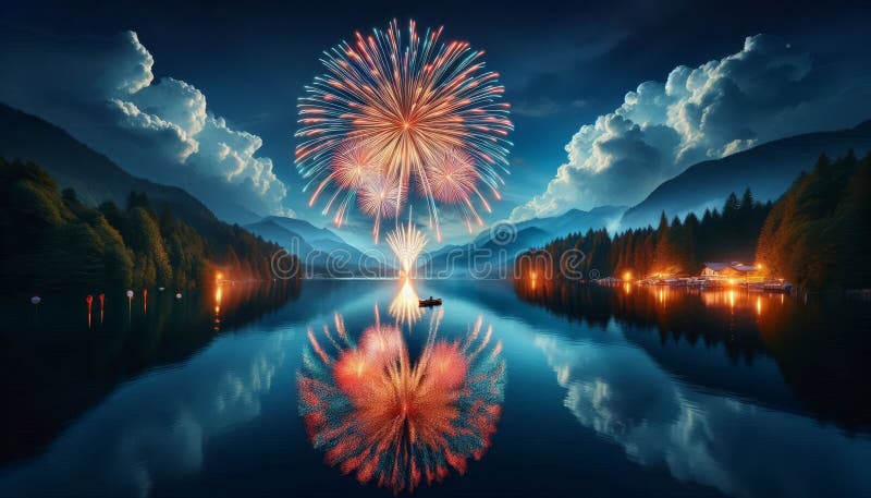Fireworks Exploding Over Mountain Lake at Night with Reflections in ...