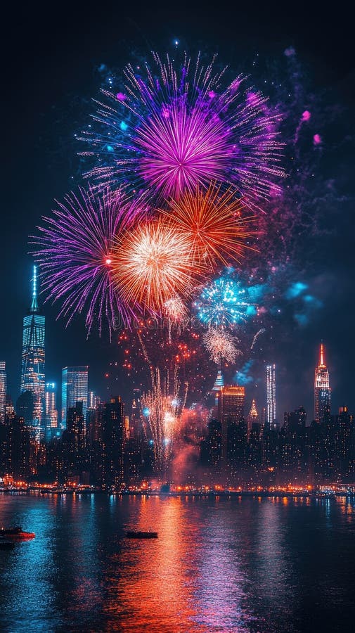 Fireworks Exploding Over New York City Skyline at Night Stock ...