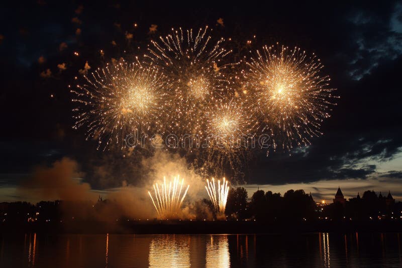 Fireworks Exploding Over the Ocean at Night Stock Photo - Image of ...