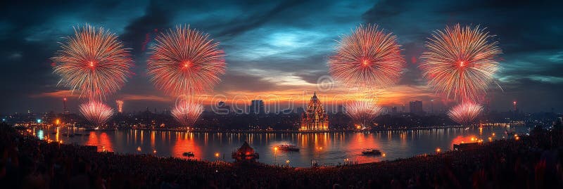 Fireworks Exploding Over a River with a Temple in the Background during ...