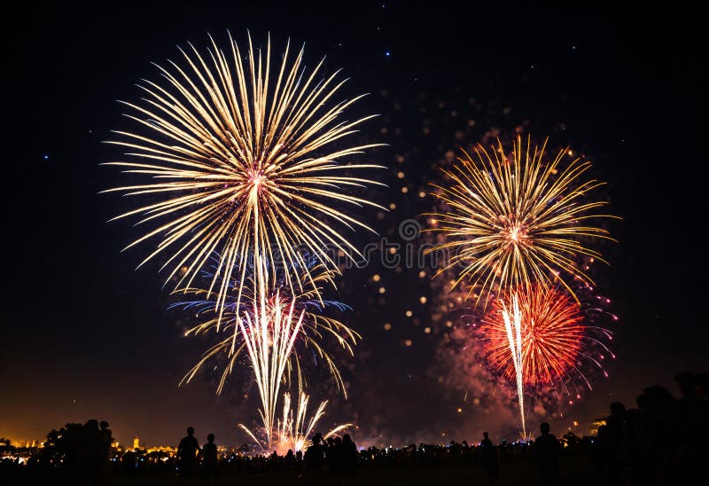 Fireworks Exploding Over a Silhouetted Crowd Stock Illustration ...