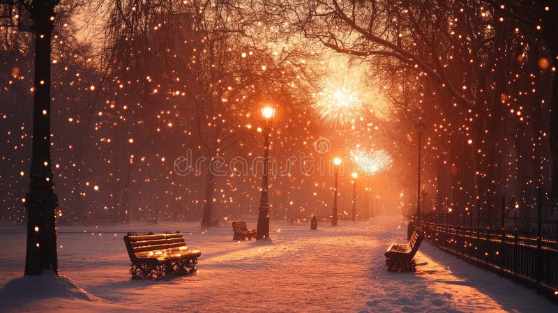 Fireworks Exploding Over Snow Covered City Park at Night Stock ...