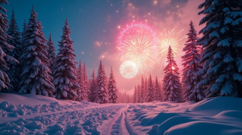 Fireworks Exploding Over a Snow Covered Forest Road at Night Stock ...