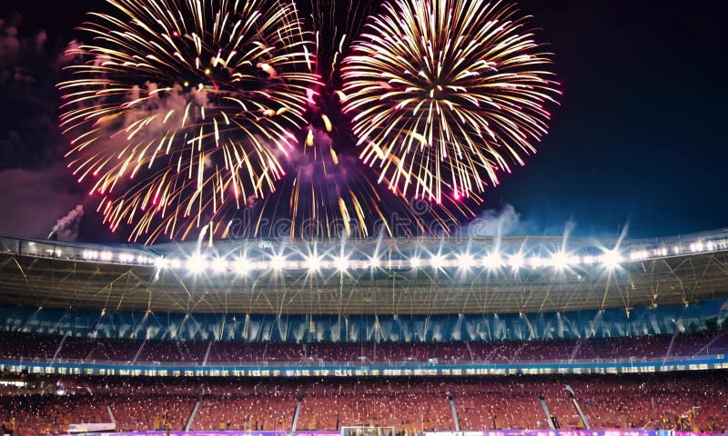 Fireworks Exploding Over a Soccer Stadium at Night Stock Footage ...