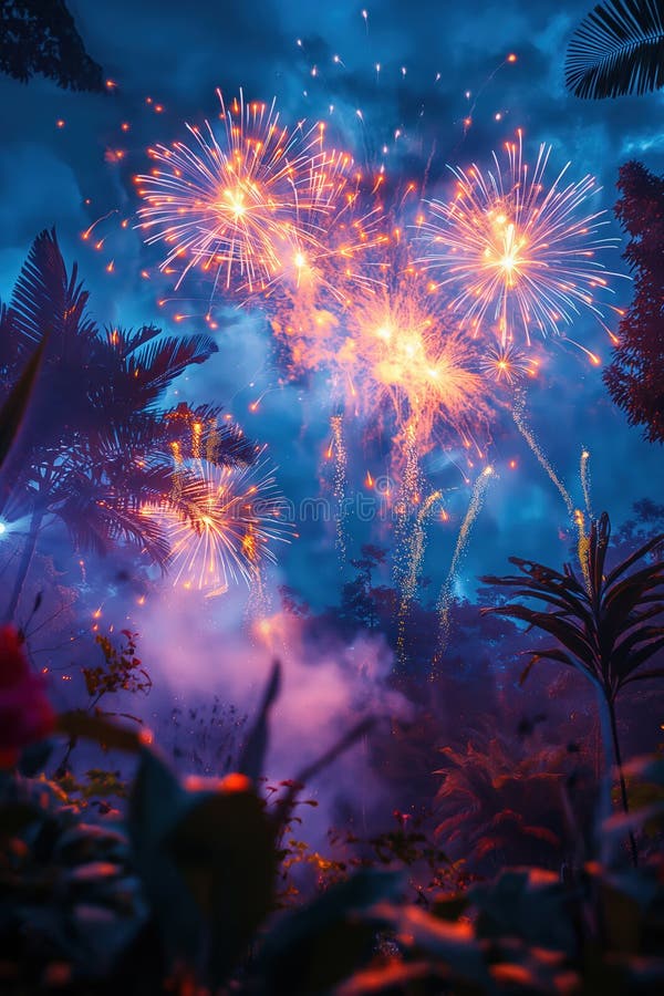 Fireworks Exploding Over Tropical Plants at Night Stock Illustration ...