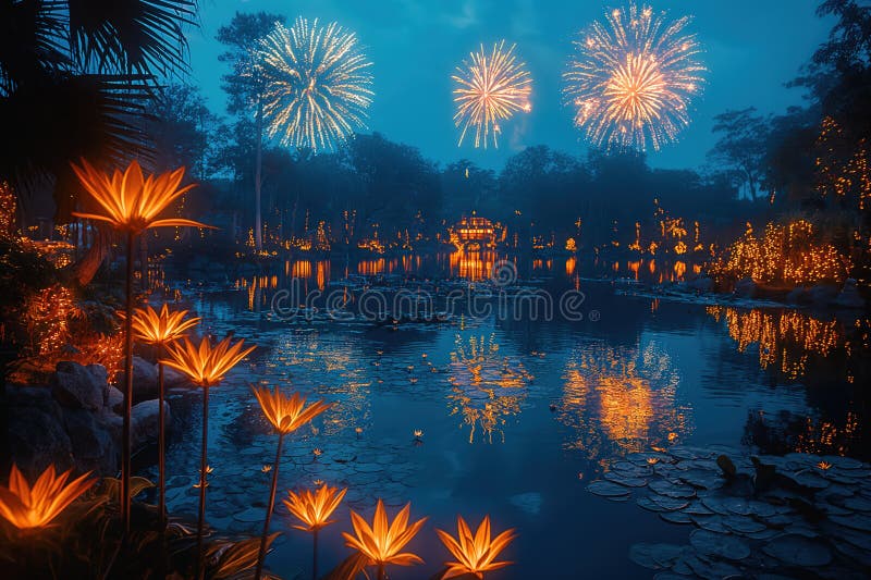 Fireworks Exploding Over Water Lilies and Illuminated Pond at Night ...