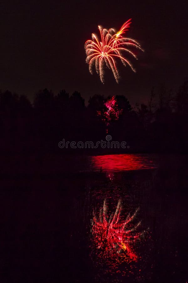 Fireworks Exploding Over Woodland Pond. Stock Image - Image of ...