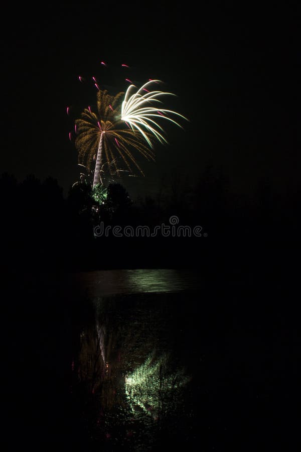 Fireworks Exploding Over Woodland Pond. Stock Photo - Image of water ...