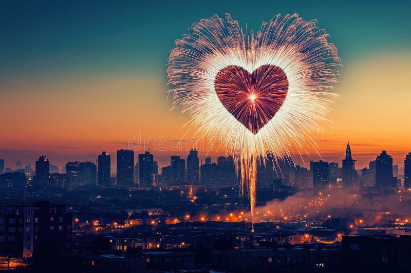 Fireworks Exploding Creating Heart Shape Above City at Night Stock ...