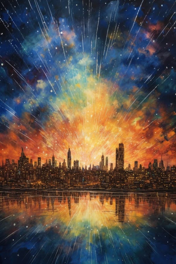 Fireworks Exploding in a Star-filled Sky Above a City Skyline Stock ...