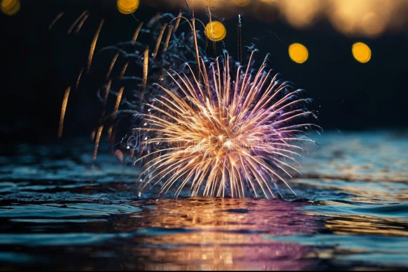 Fireworks Falling on the Clear Surface of the River Stock Image - Image ...