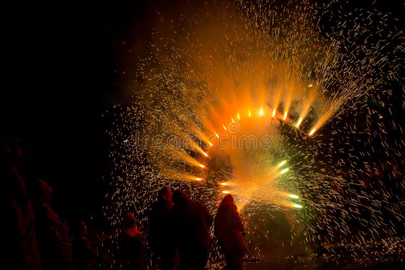 Fireworks, fire and smoke editorial image. Image of heat - 127589525