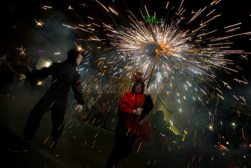 Fireworks, fire and smoke editorial stock photo. Image of burn - 127589543