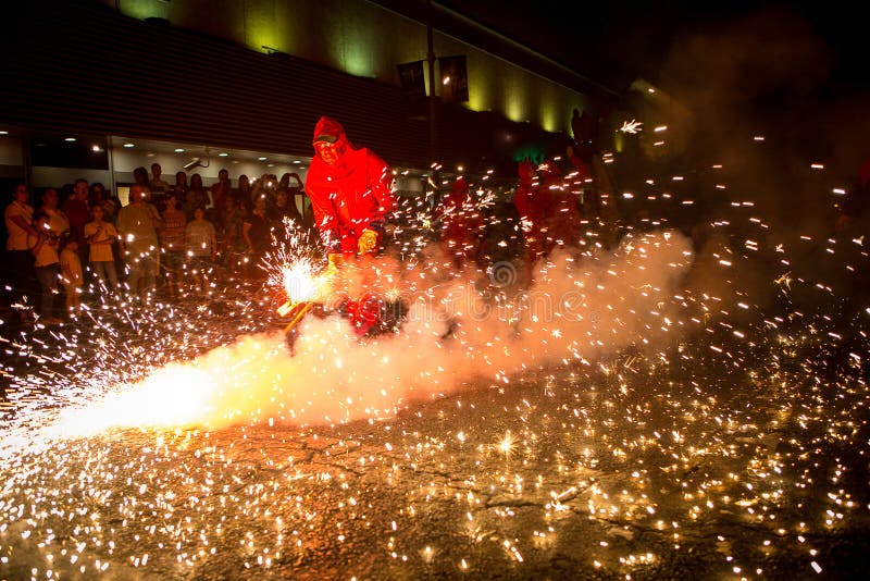Fireworks, fire and smoke editorial stock image. Image of heat - 127589579