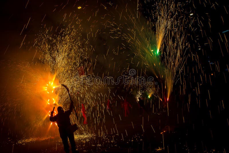 Fireworks, fire and smoke editorial photo. Image of night - 127589661