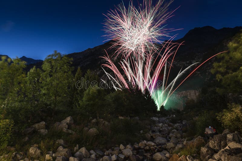 Fireworks in the Forest in Summer Night Stock Photo - Image of monte ...