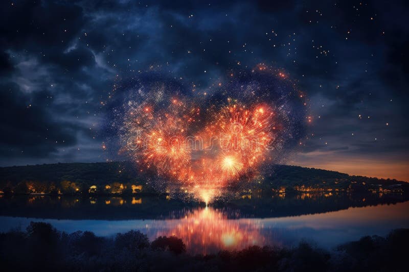 Fireworks Forming a Heart Shape in Night Sky Stock Illustration ...