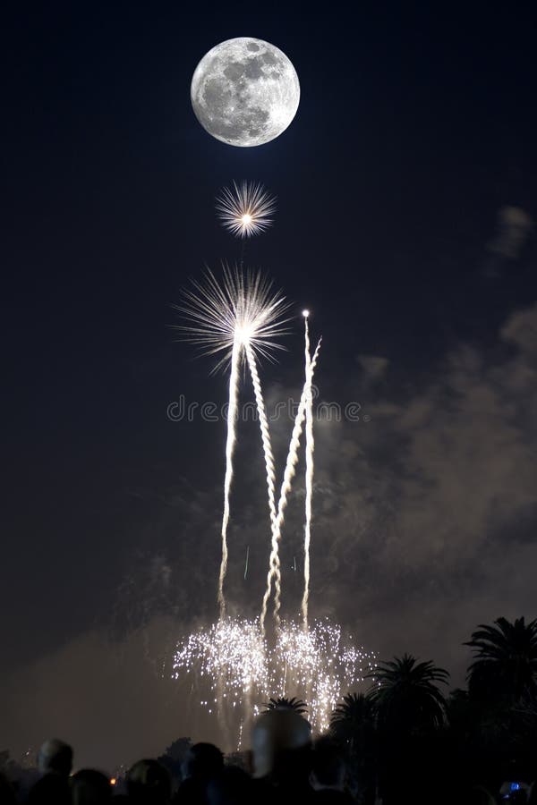 Fireworks and full moon stock photo. Image of night, smoke - 39219378