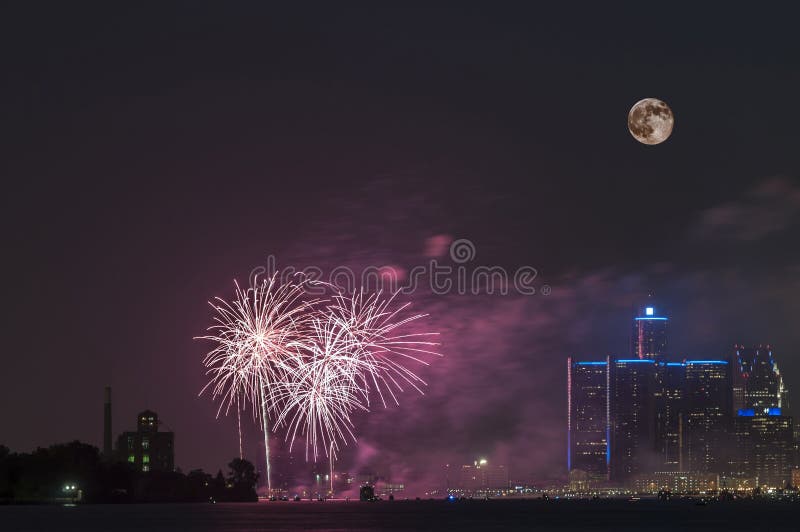 Fireworks with Full Moon Over Detroit River Stock Image - Image of color, detroit: 32053735
