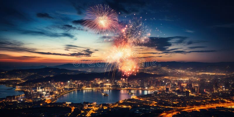 Fireworks Illuminating City Skyline Stock Illustration - Illustration ...