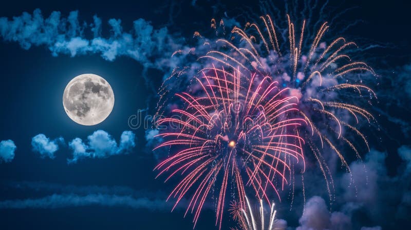 Fireworks Illuminating a Full Moon Night Sky Stock Illustration - Illustration of night, font ...