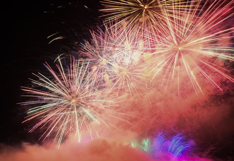 Fireworks Light Up the Sky Wit Smoke. Colorful. Stock Image - Image of ...