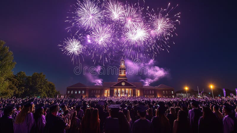 Fireworks Lighting Sky Above Graduation Crowd. Stock Photo - Image of ...