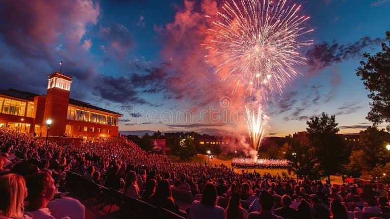 Fireworks Lighting Sky Above Graduation Crowd. Stock Image - Image of ...