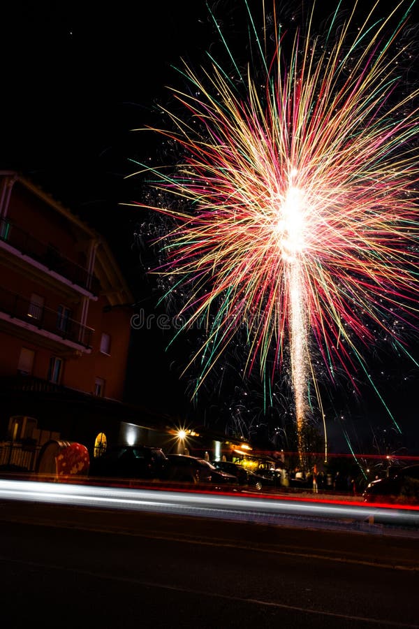 Fireworks Long Exposure Explosion Building Night Celebration Stock ...