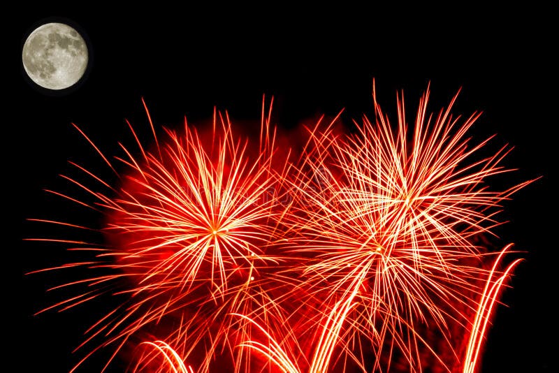 Fireworks and moon stock image. Image of firework, pyrotechnics - 32614013