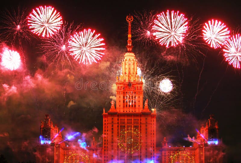 Fireworks Near University in Moscow Stock Image - Image of dusk, light ...