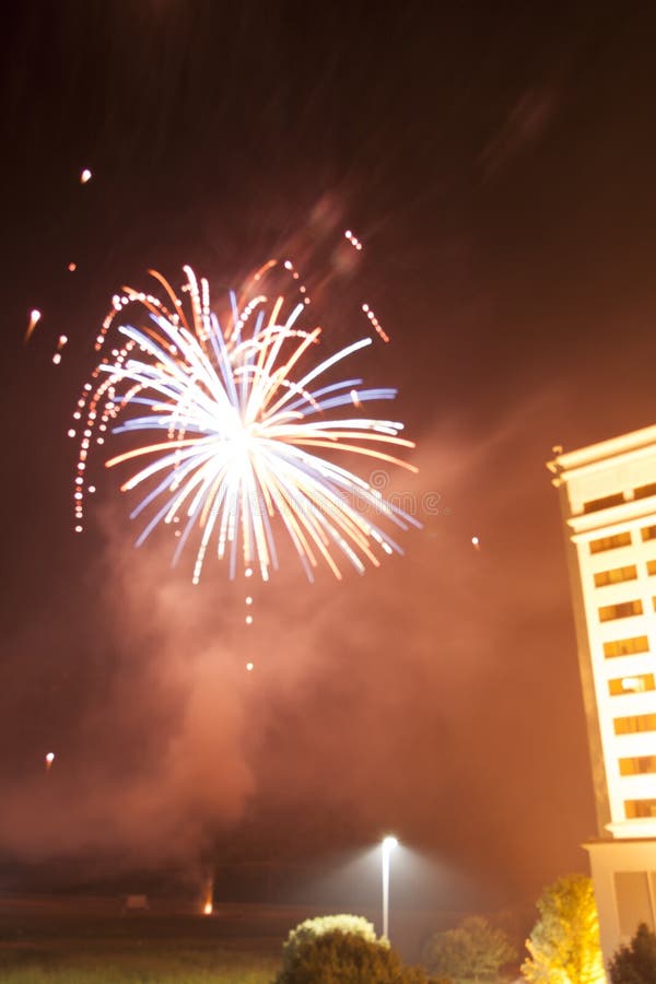 View of Fireworks Next To a Tall Building Stock Image - Image of view ...
