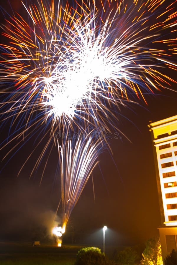 View of Fireworks Next To a Tall Building Stock Image - Image of view ...