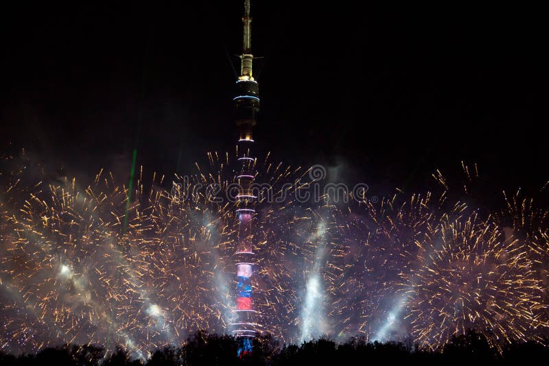 Fireworks Next To the Tower Stock Photo - Image of summer, spotlight ...