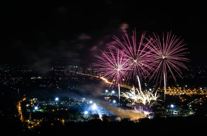Night City with Fireworks on the Background Stock Photo - Image of ...